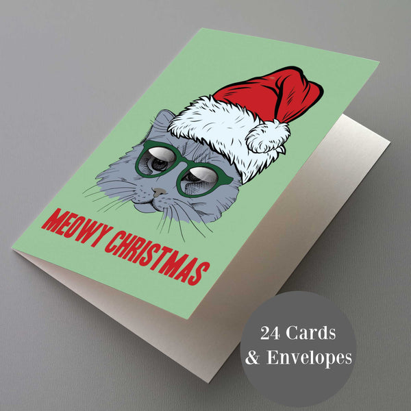Meowy Christmas Cat Lover Cards - 24 Pack Unique Holiday Greeting Cards ...