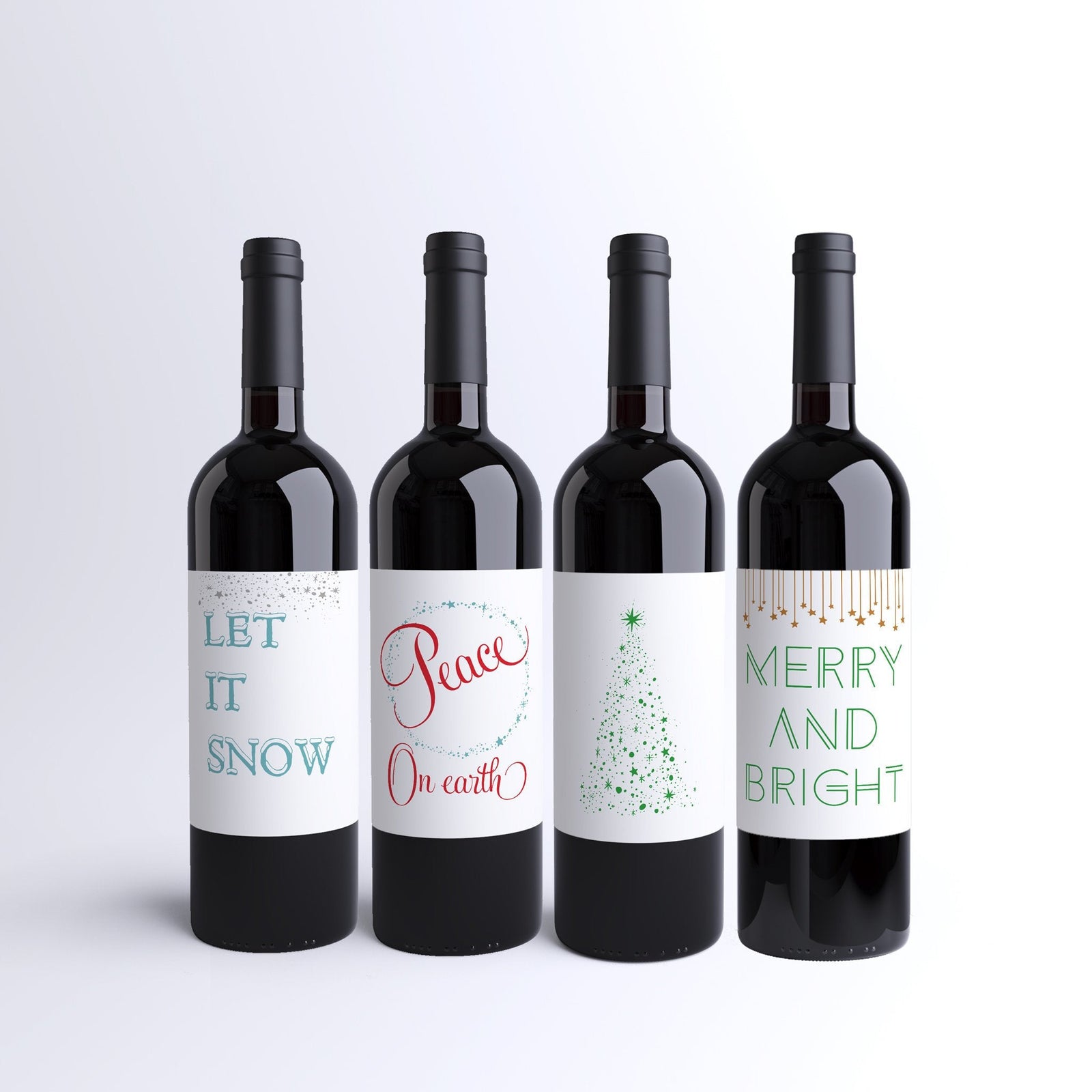 Christmas Wine Labels - 4 Pack Traditional Holiday Dinner Gift - Ritzy Rose
